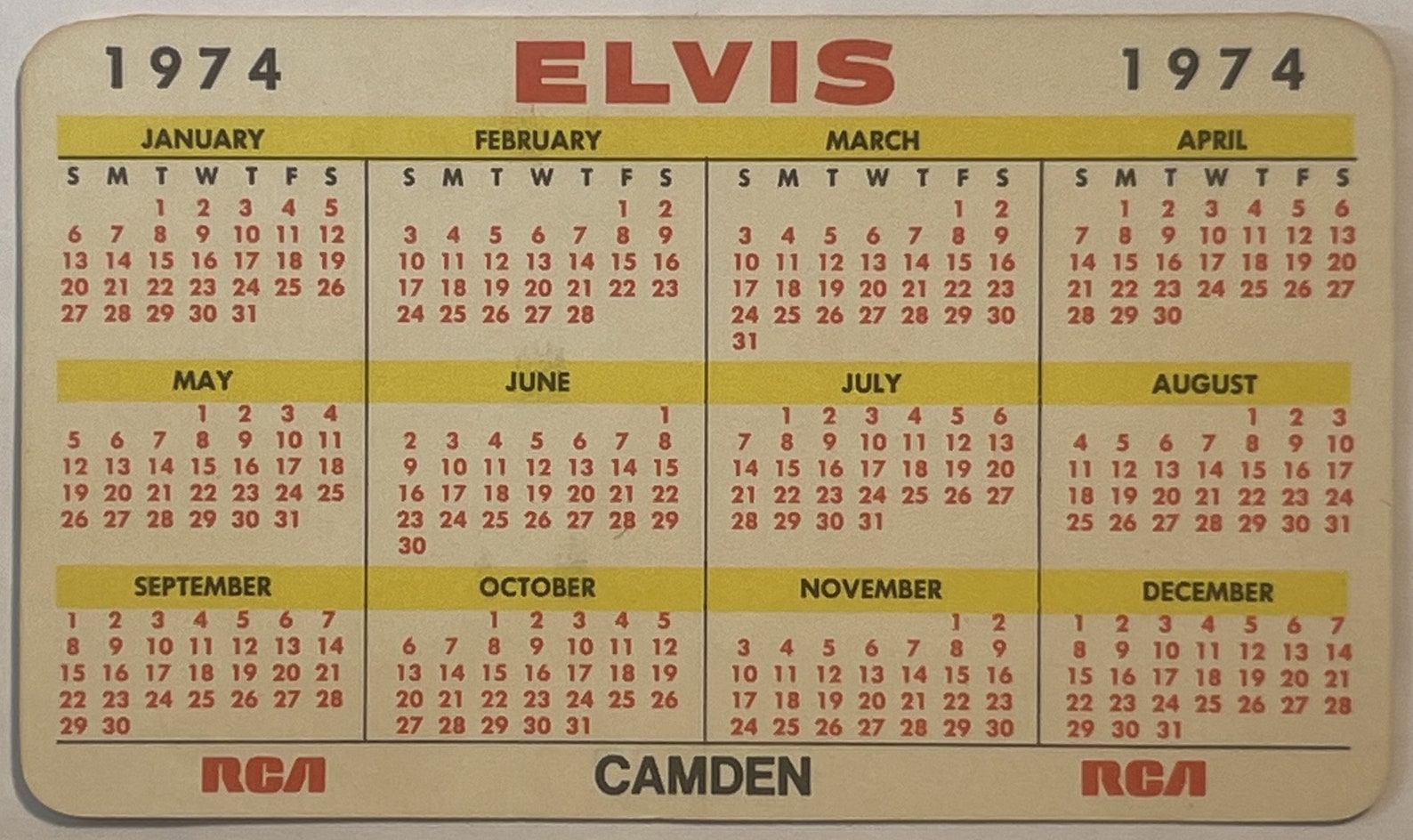Vintage 1974 Elvis Presley Card Calendar RCA Records Aloha From Hawaii ...