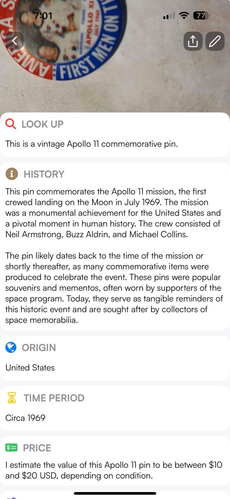 Vintage 1969 Apollo 11 Moon Landing Pin — NOS NASA Commemorative Button ...