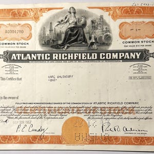 Vintage 1960s Atlantic Richfield Stock Certificate Orange ARCO Oil ...