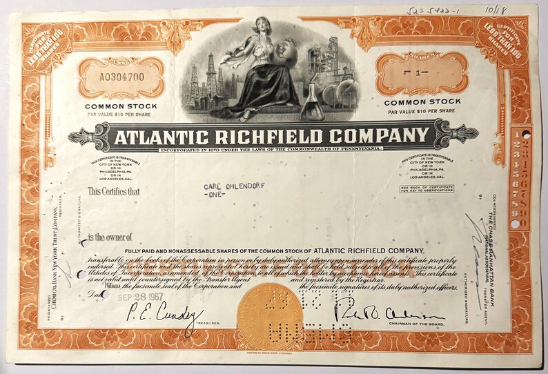 Vintage 1960s Atlantic Richfield Stock Certificate Orange ARCO Oil ...