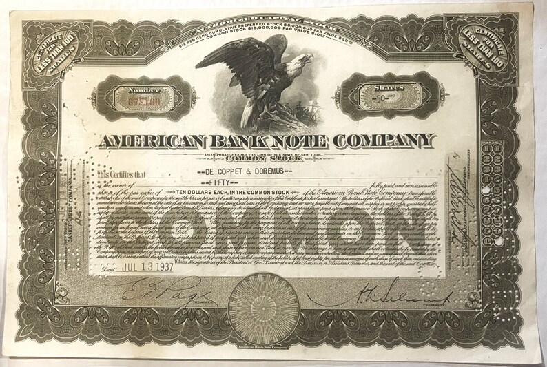 Vintage 1920s - 1940s American Bank Note Company Stock Certificate ...