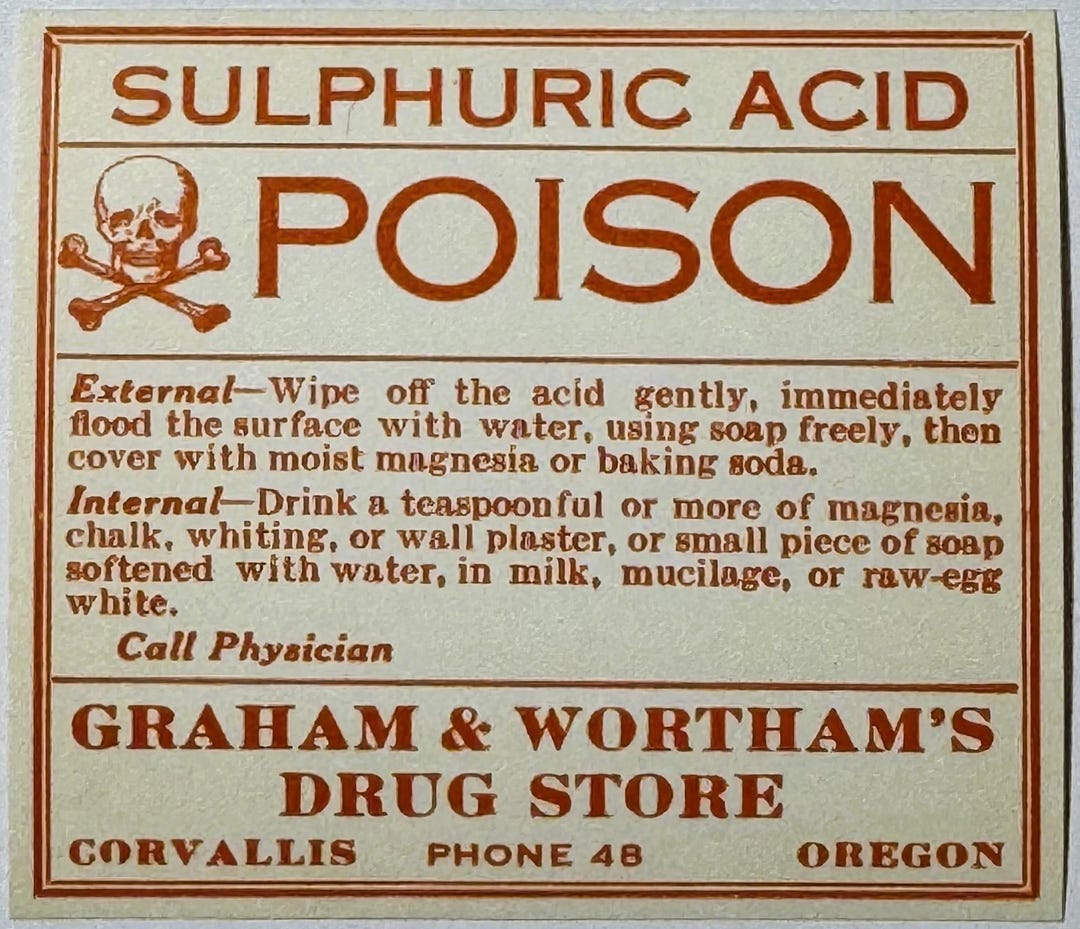 Antique 1910s Sulphuric Acid Label Graham & Wortham's Drug Store ...