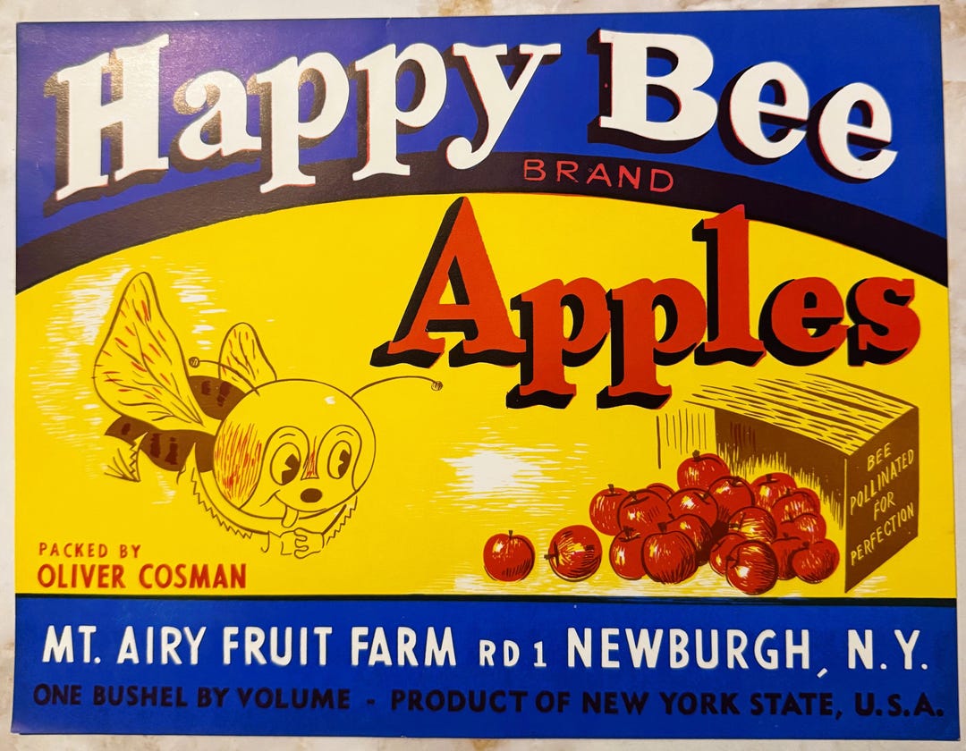 Vintage 1940s Happy Bee Apples Crate Label, Newburgh, NY, Adorable ...