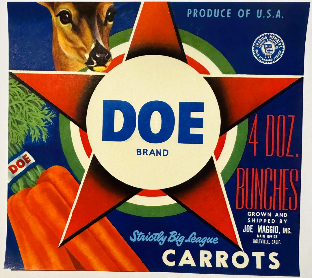 Vintage 1950s Doe Carrots Crate Label: Holtville California Advertising ...