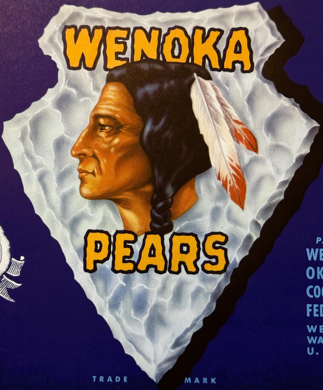 Vintage 1940s Wenoka Crate Label, Wenatchee, WA, Native American Chief ...