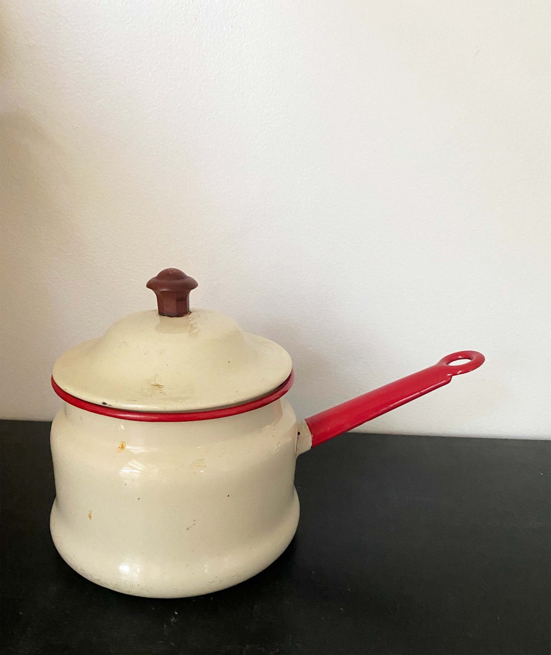 Vintage White and Red Enamel Pot With Lid - Etsy