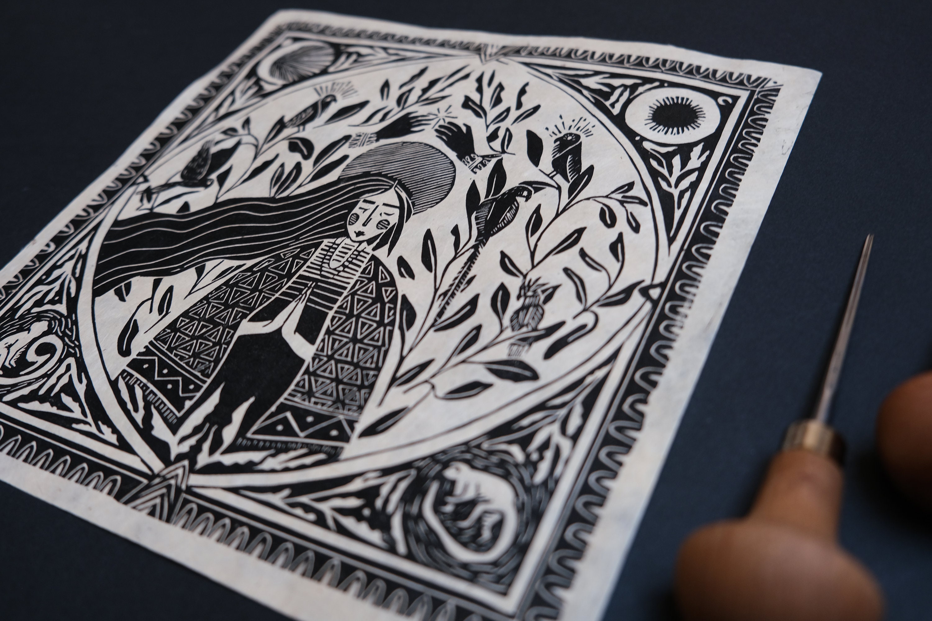 Linocut Woman Plants Birds and Monkeys Ethnic Native Mexico Linocut ...