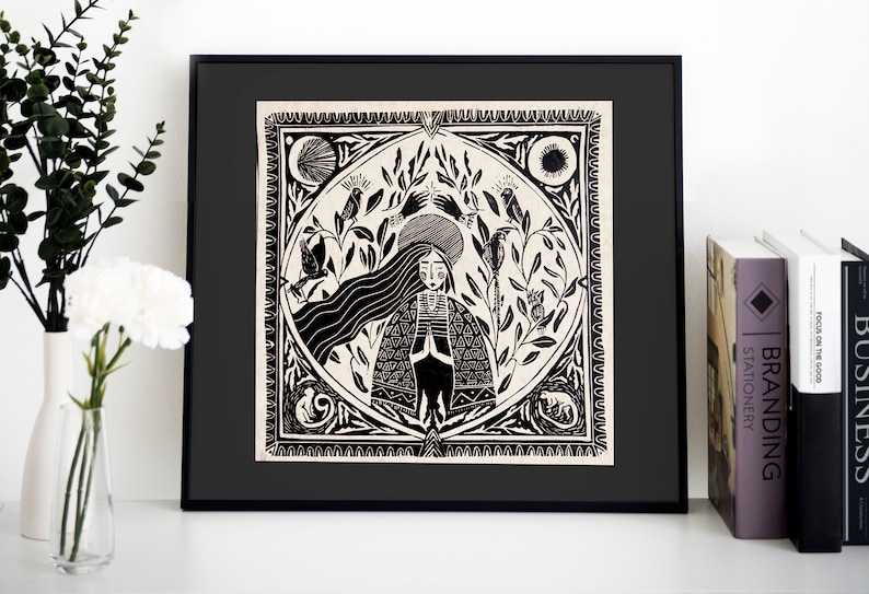 Linocut Woman Plants Birds and Monkeys Ethnic Native Mexico Linocut ...