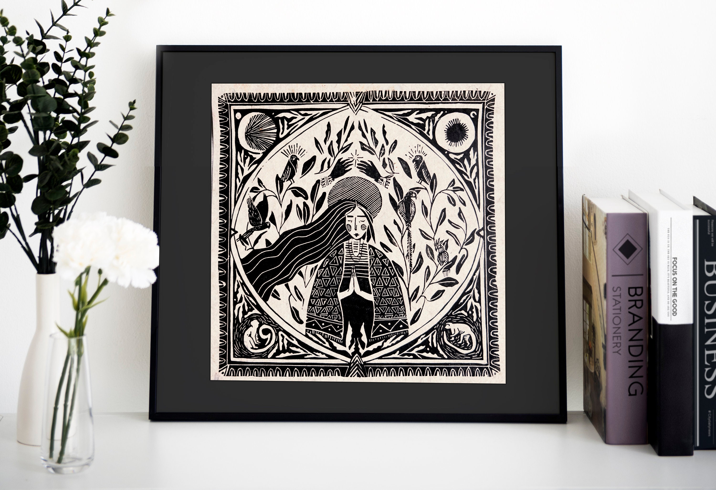 Linocut Woman Plants Birds and Monkeys Ethnic Native Mexico Linocut ...