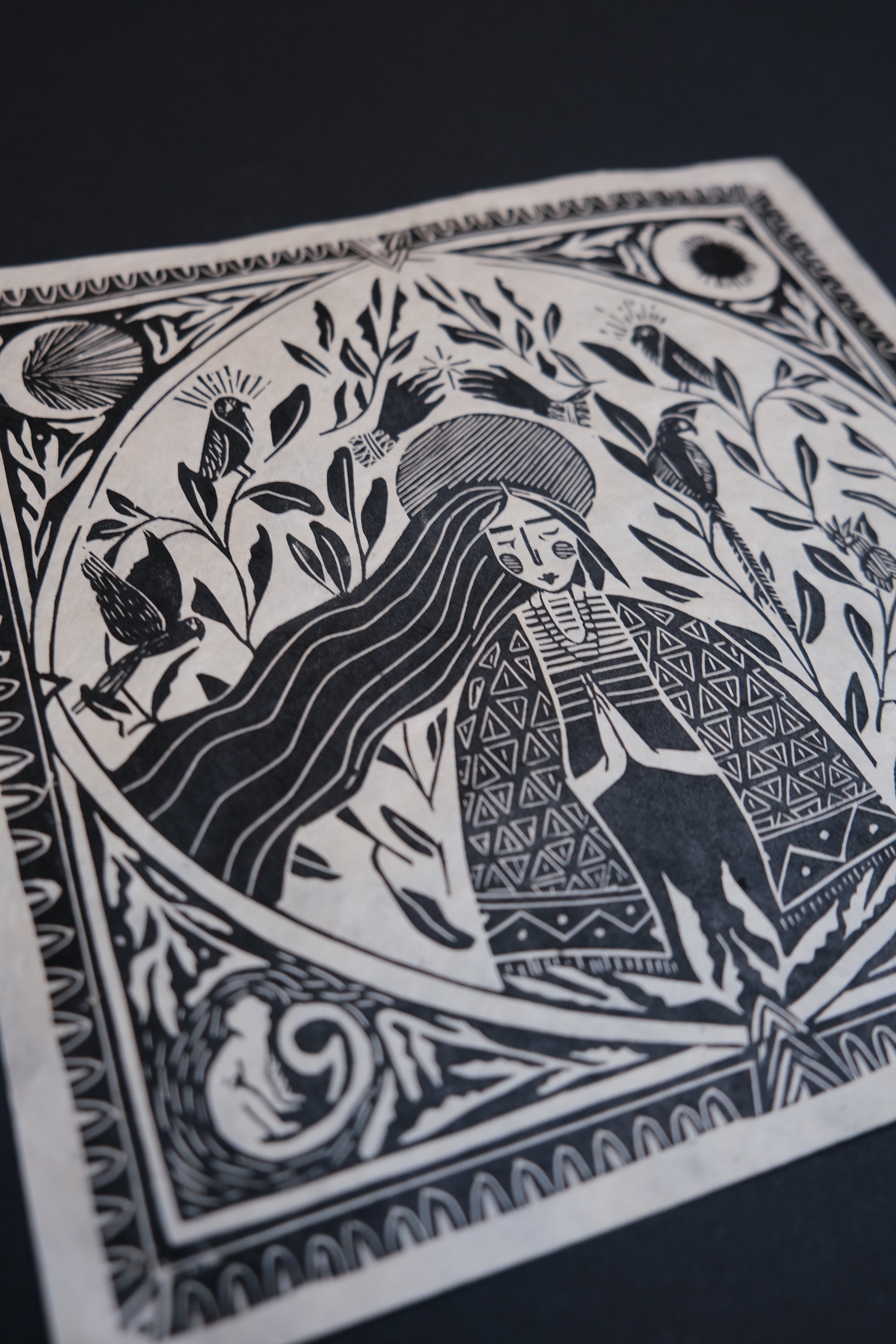 Linocut Woman Plants Birds and Monkeys Ethnic Native Mexico Linocut ...