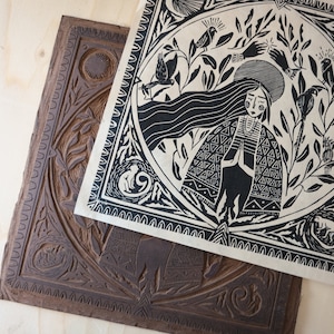 Linocut Woman Plants Birds and Monkeys Ethnic Native Mexico Linocut ...