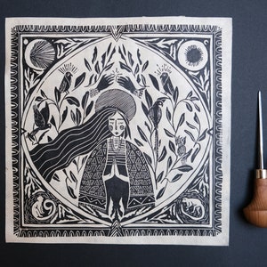 Linocut Woman Plants Birds and Monkeys Ethnic Native Mexico Linocut ...