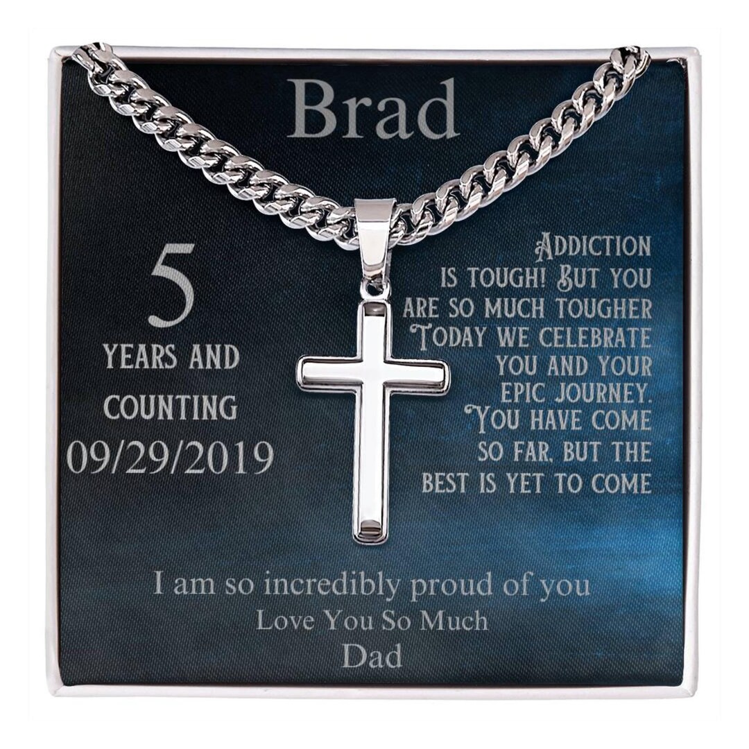 Custom Sobriety Card With Engraved Cross Pendant on Cuban Link Chain ...