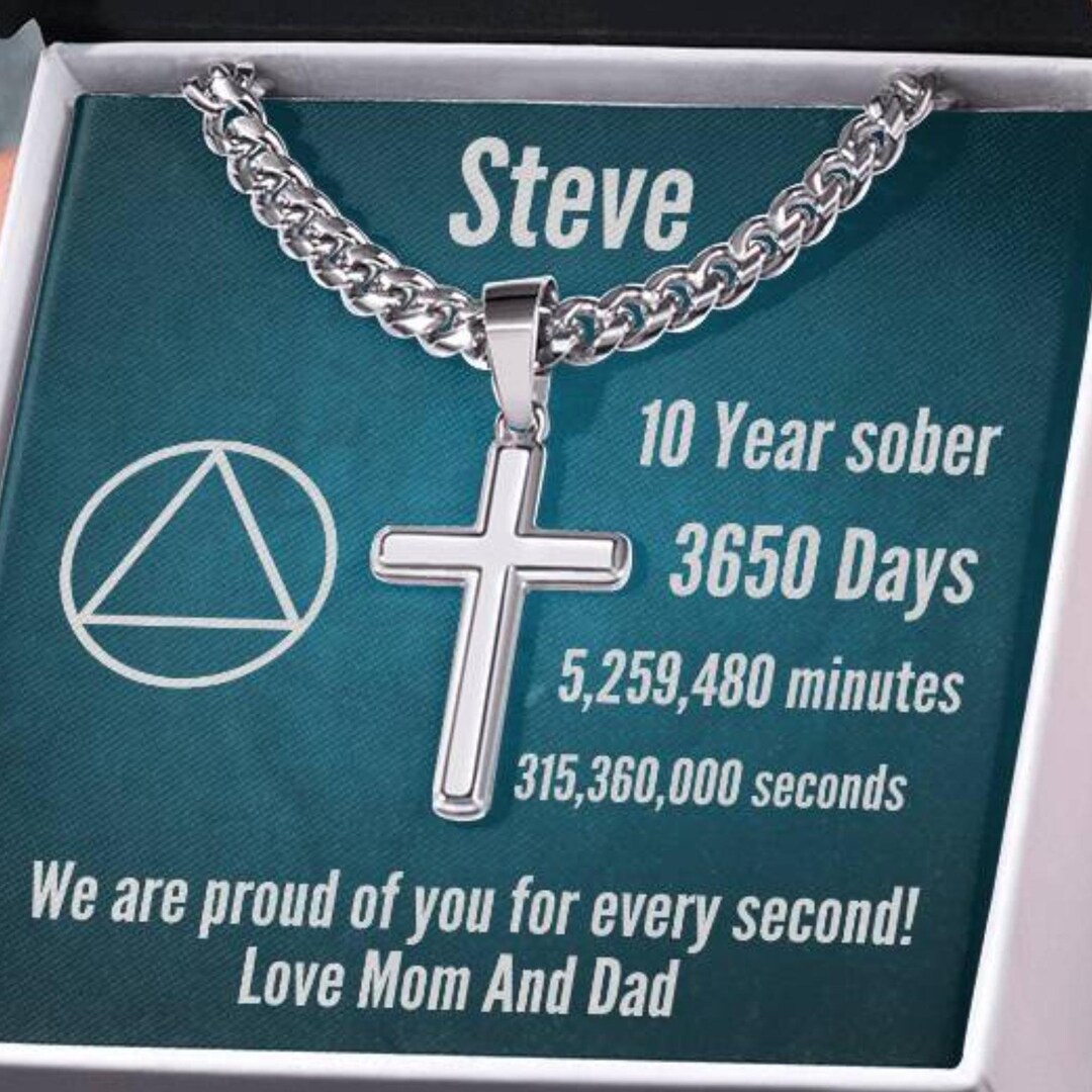 10 Year Sober Gift Sobriety Card With Engraved Cross Pendant on Cuban ...