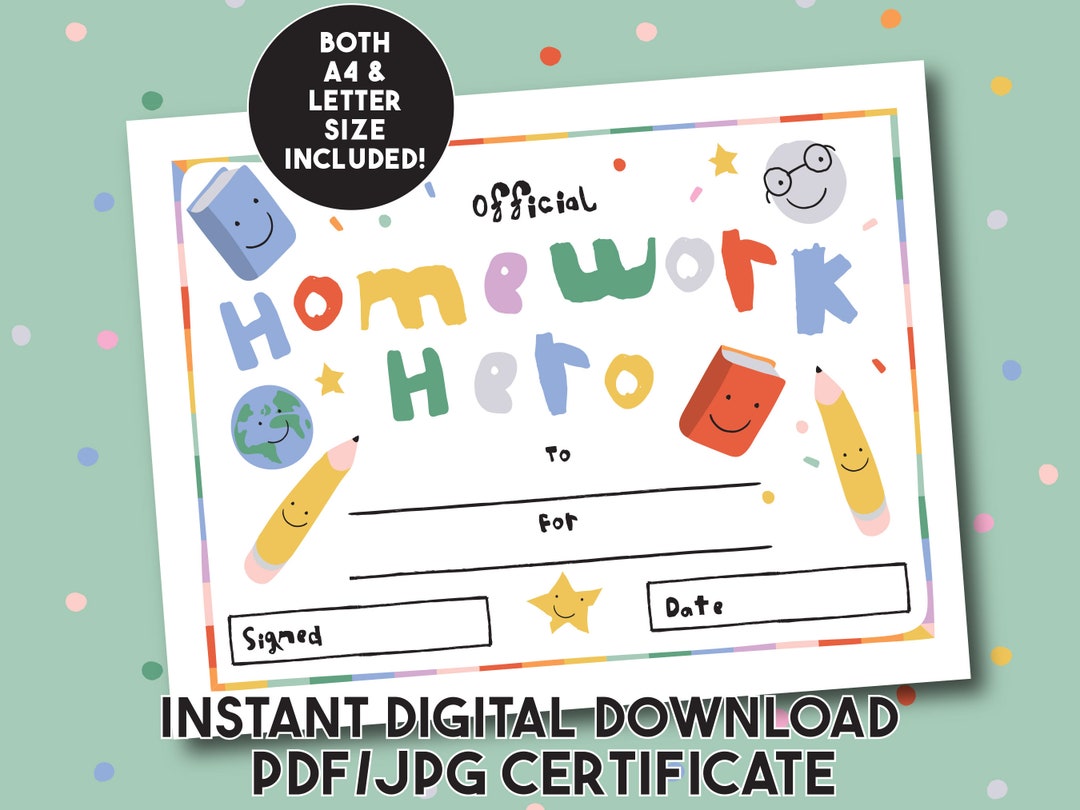 Homework Hero Digital Printable Certificate , School Diploma , Blank ...