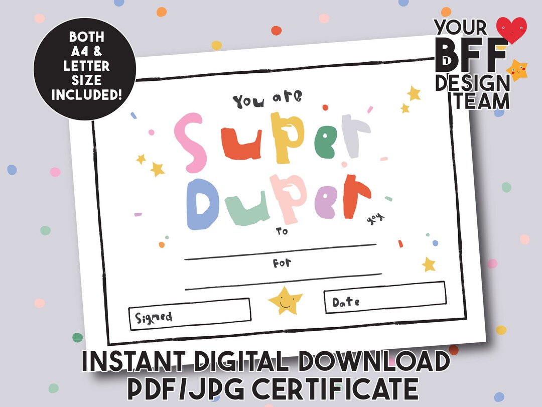 Super Duper Printable Certificate , Student Achievement Digital Award ...