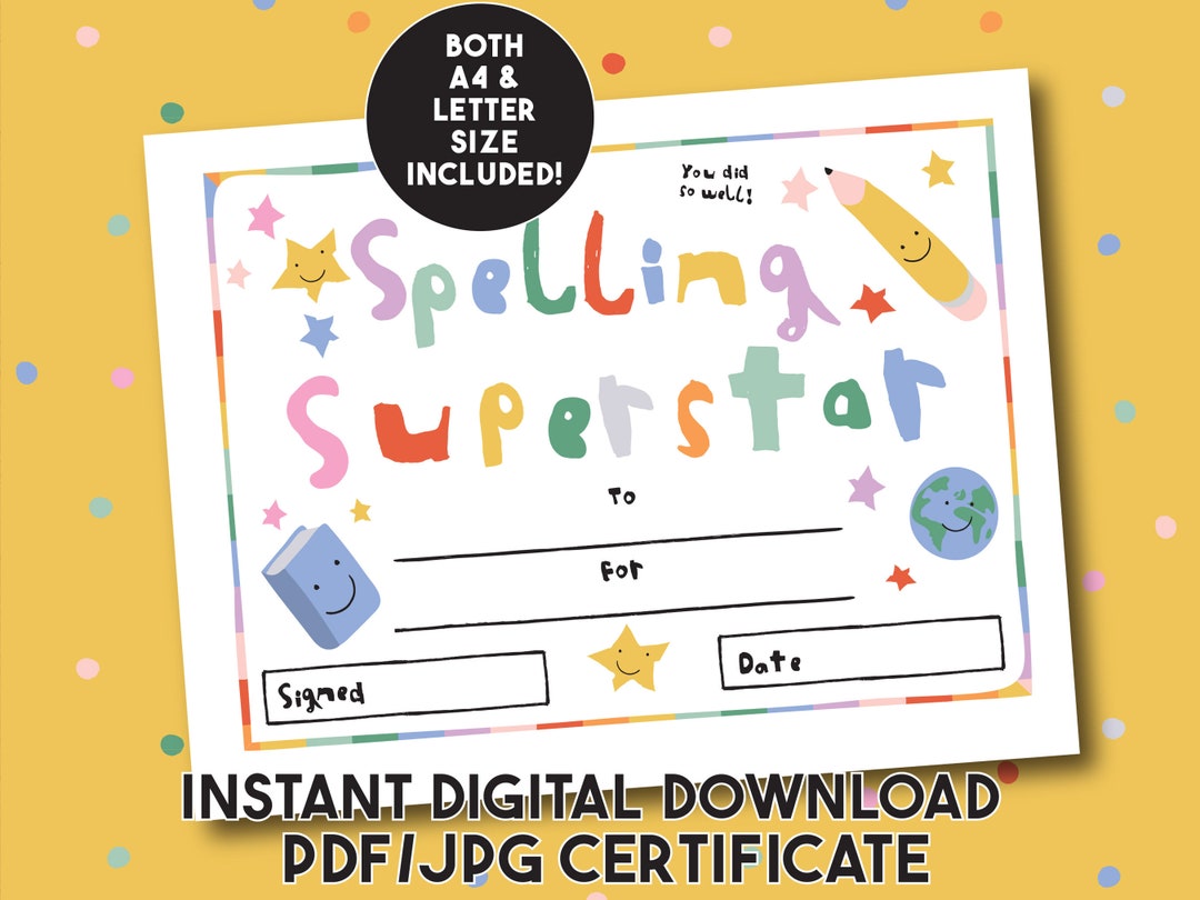 Spelling Superstar Digital Printable Certificate , School Diploma ...
