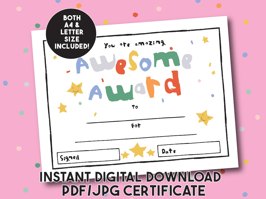 Awesome Award Printable Certificate , Student Achievement Digital Award ...