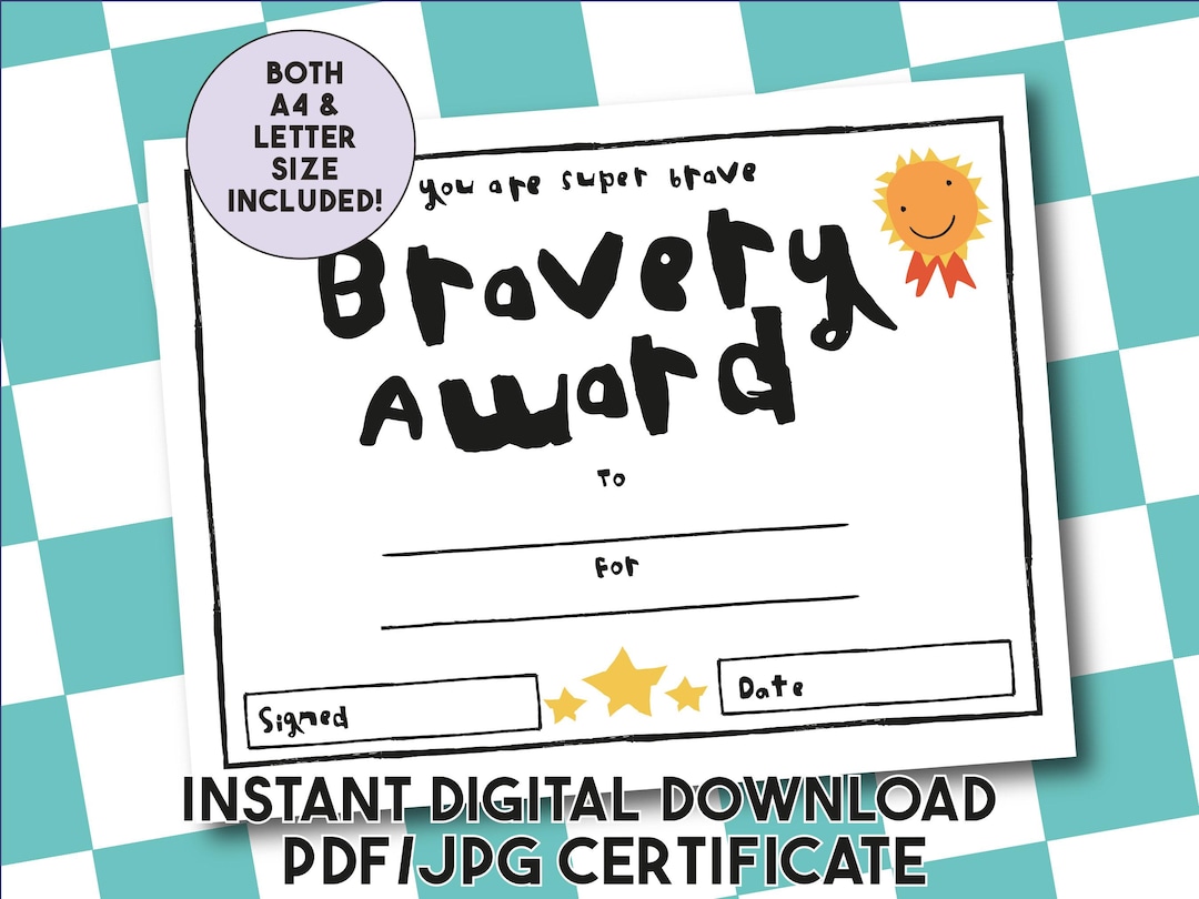 Bravery Award Printable Hand Lettered Certificate , School Diploma ...