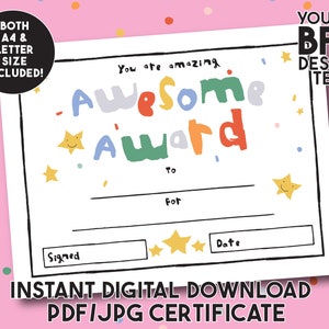 Awesome Award Printable Certificate Student Achievement - Etsy