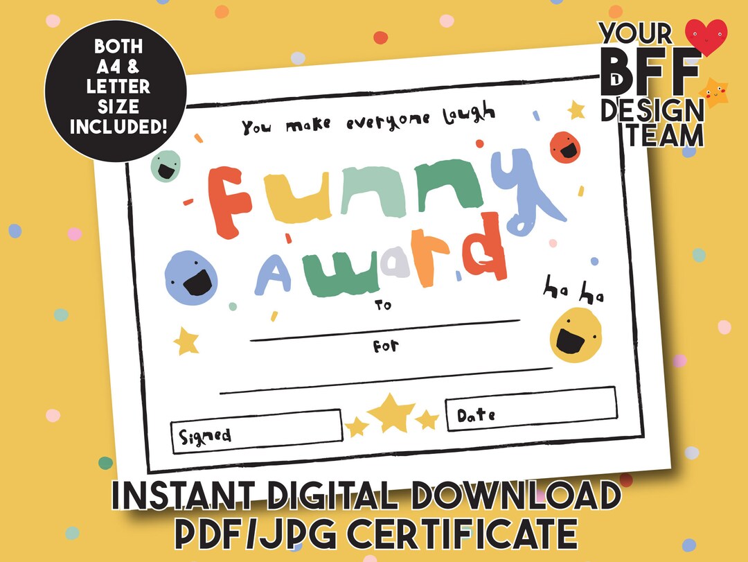 Funny Award Printable Certificate , Student Achievement Digital Award ...