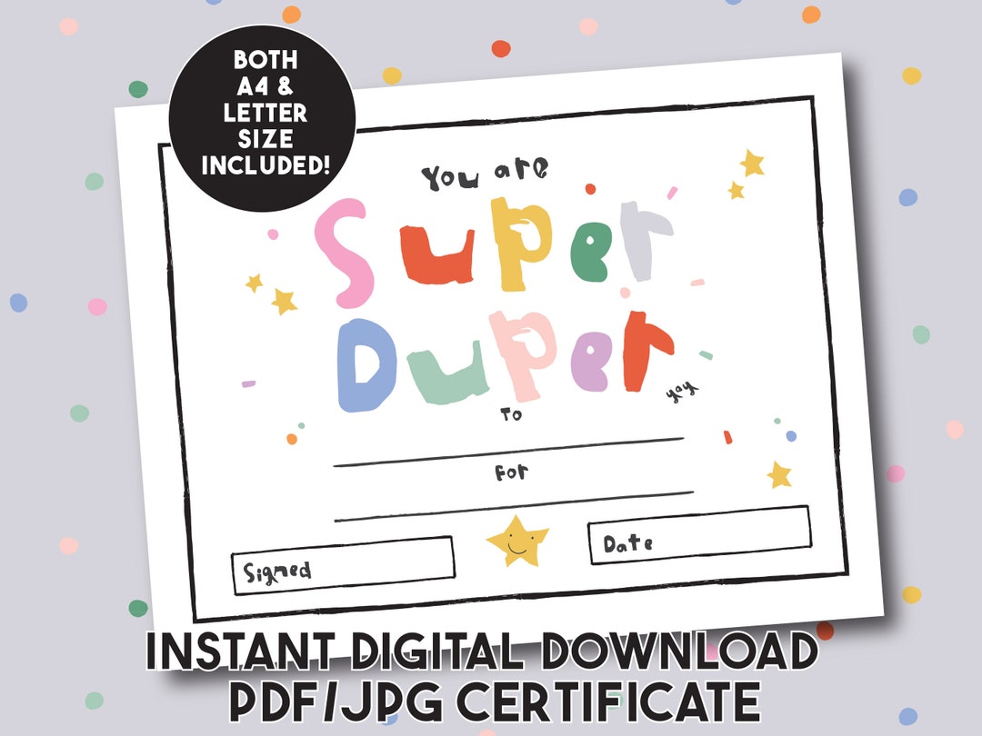 Super Duper Printable Certificate , Student Achievement Digital Award ...