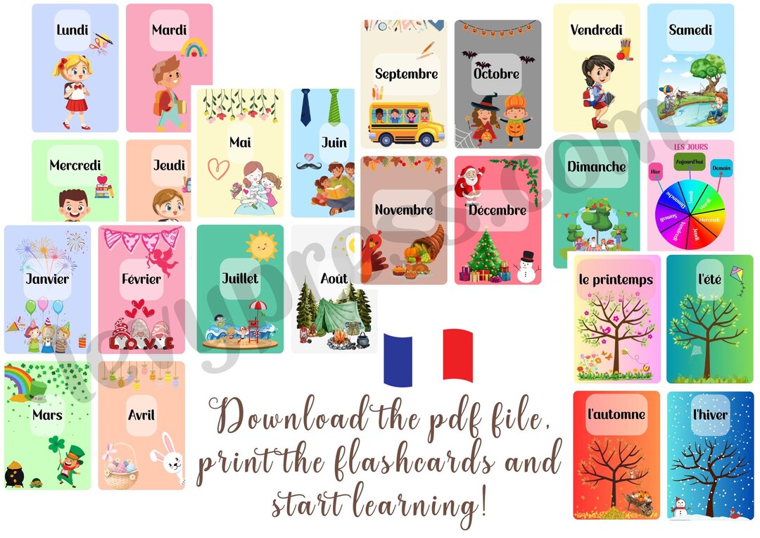 French Printable Montessori Calendar Flashcards Months of the Year ...