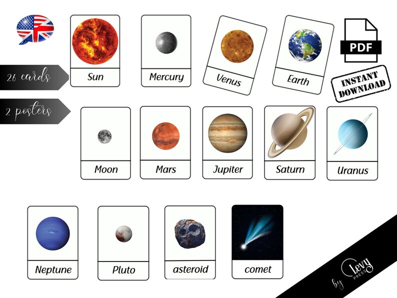 SOLAR SYSTEM BILINGUAL 26 Montessori Cards 2 Posters Flashcard Pdf ...