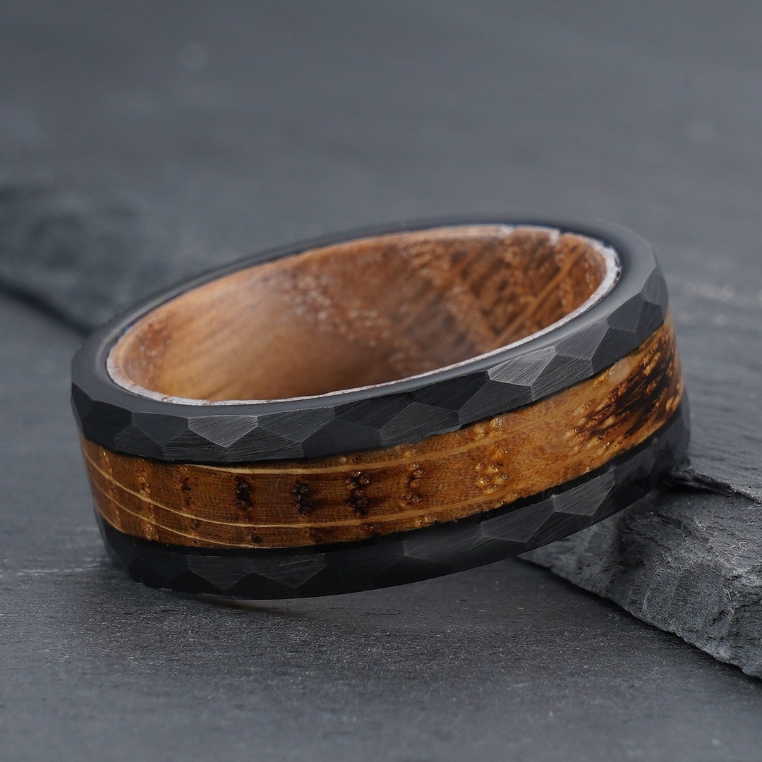 Hammered Charred Whiskey Barrel Ring, Black Tungsten Ring, Hammered ...