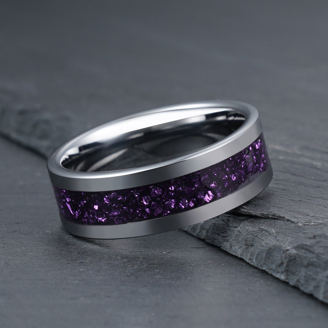 Purple Amethyst Ring, Silver Tungsten Ring, Mens Wedding Ring, Womens ...