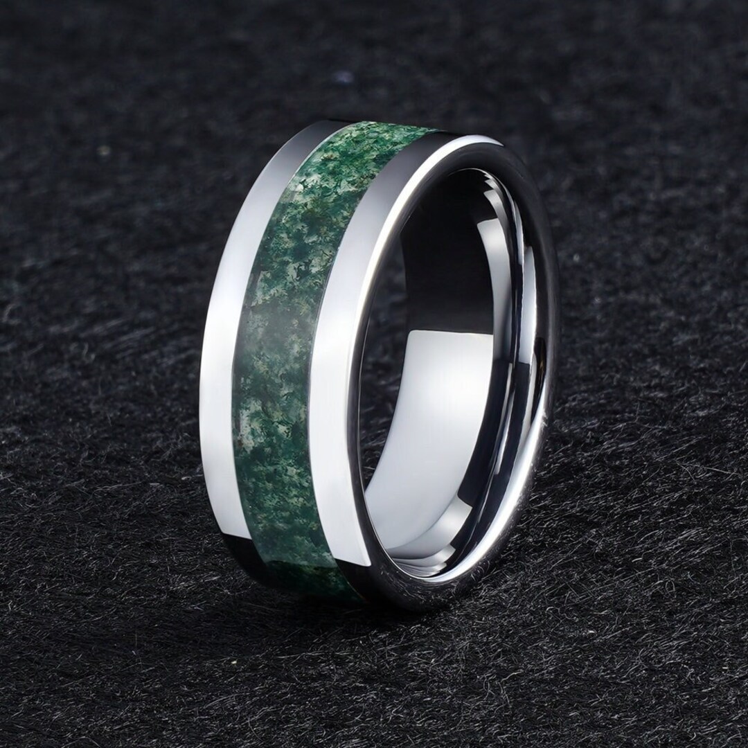 Green Moss Agate Ring Silver Tungsten Ring Silver Wedding - Etsy