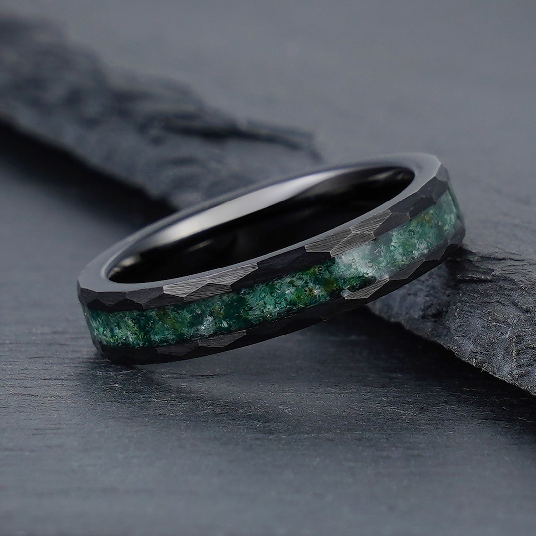 Hammered Moss Agate Ring, Black Tungsten Ring, Mens Wedding Ring ...