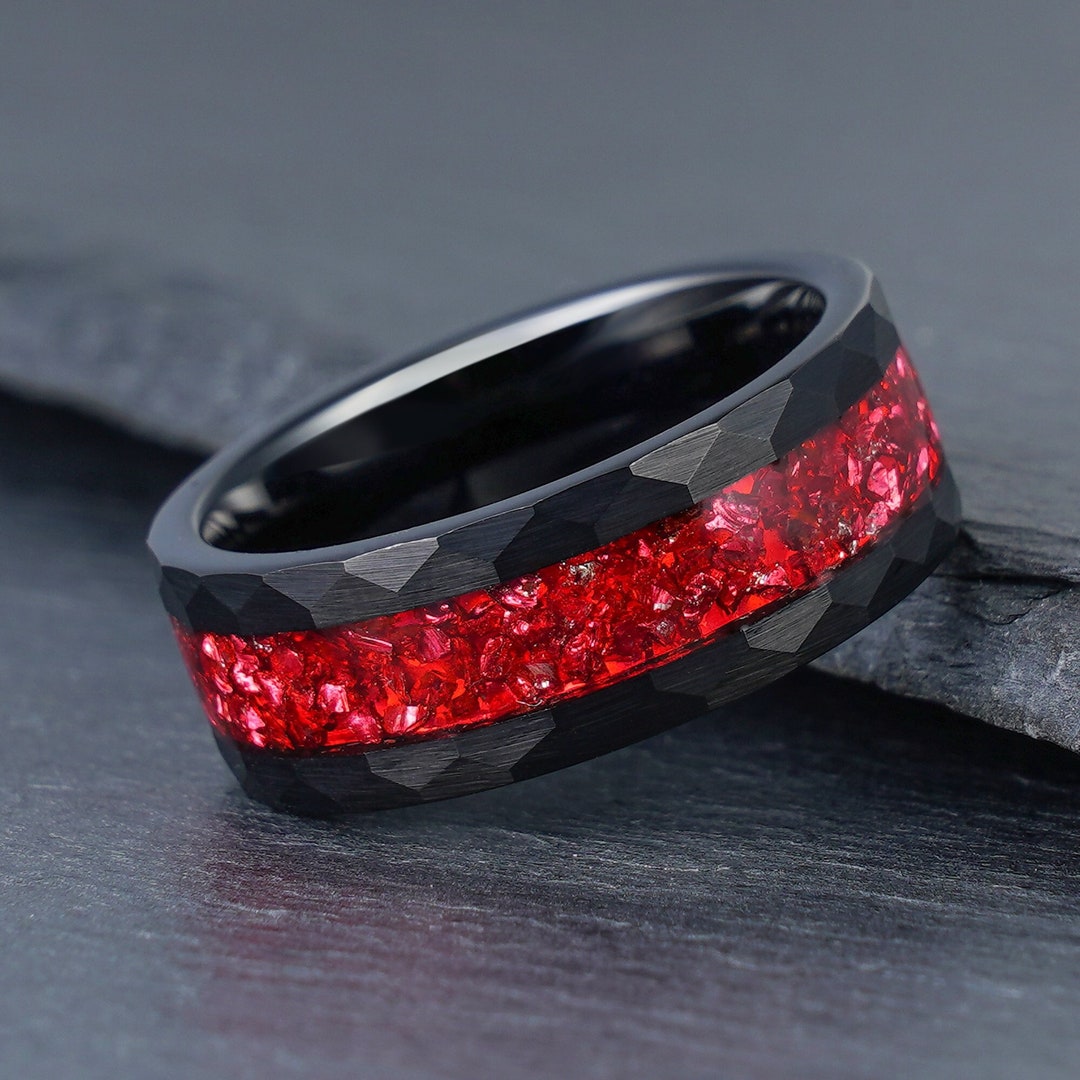 Hammered Ruby Ring, Black Tungsten Ring, Mens Wedding Ring, Womens ...