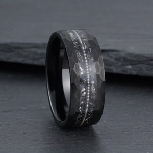 Hammered Meteorite & Guitar String Ring, Black Tungsten Ring, Hammered ...