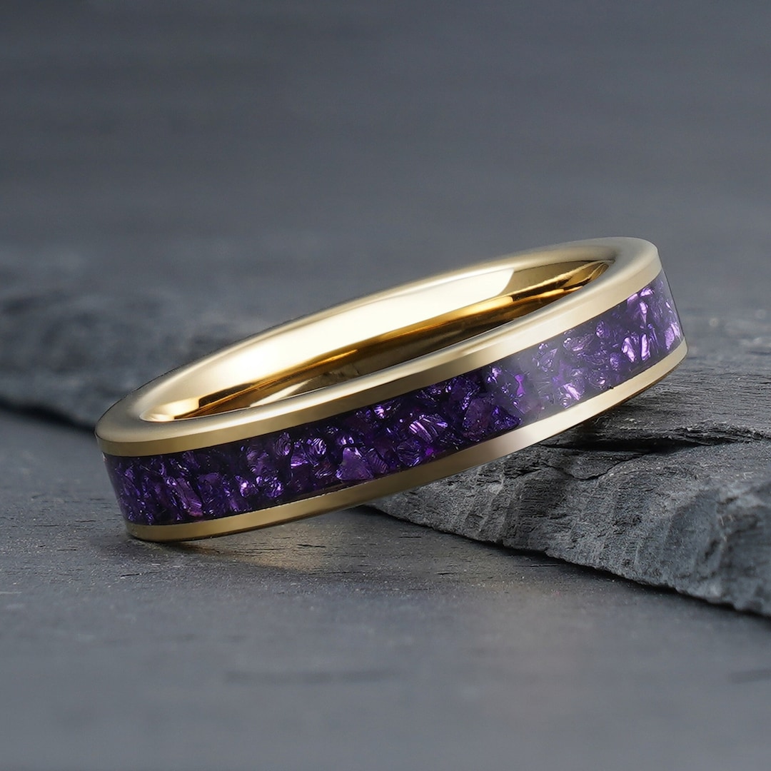 Purple Amethyst Ring, Gold Tungsten Ring, Mens Wedding Ring, Womens ...