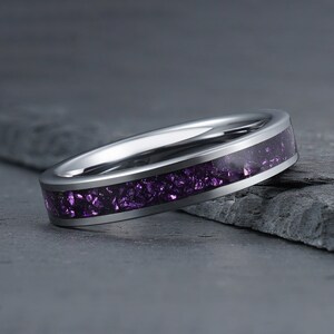 Purple Amethyst Ring Set, Silver Tungsten Ring, His and Hers Wedding ...