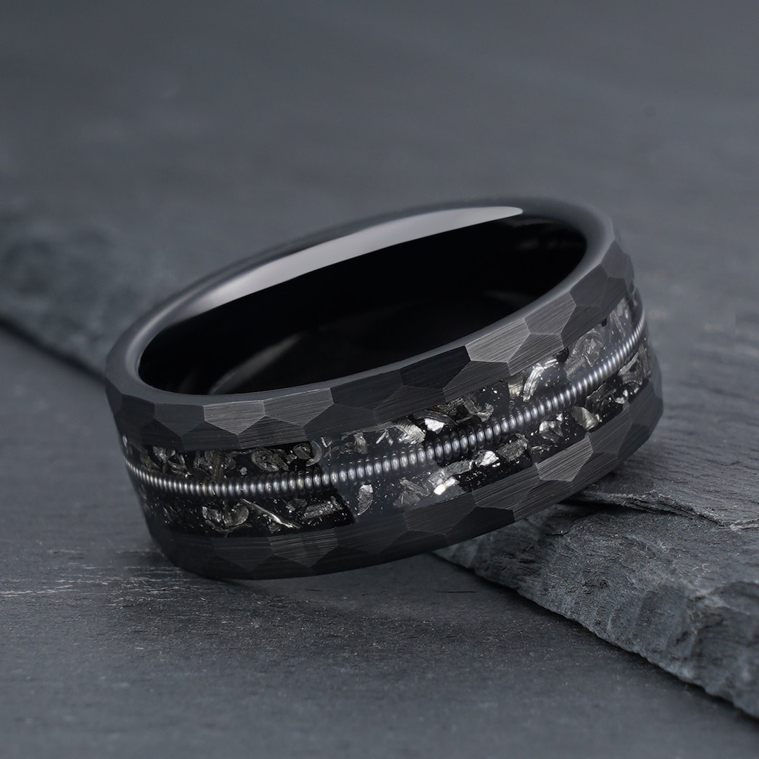 Hammered Meteorite & Guitar String Ring, Black Tungsten Ring, Hammered ...