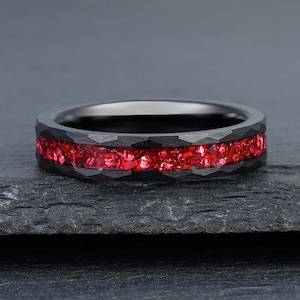 Hammered Ruby Ring, Black Tungsten Ring, Mens Wedding Ring, Womens ...