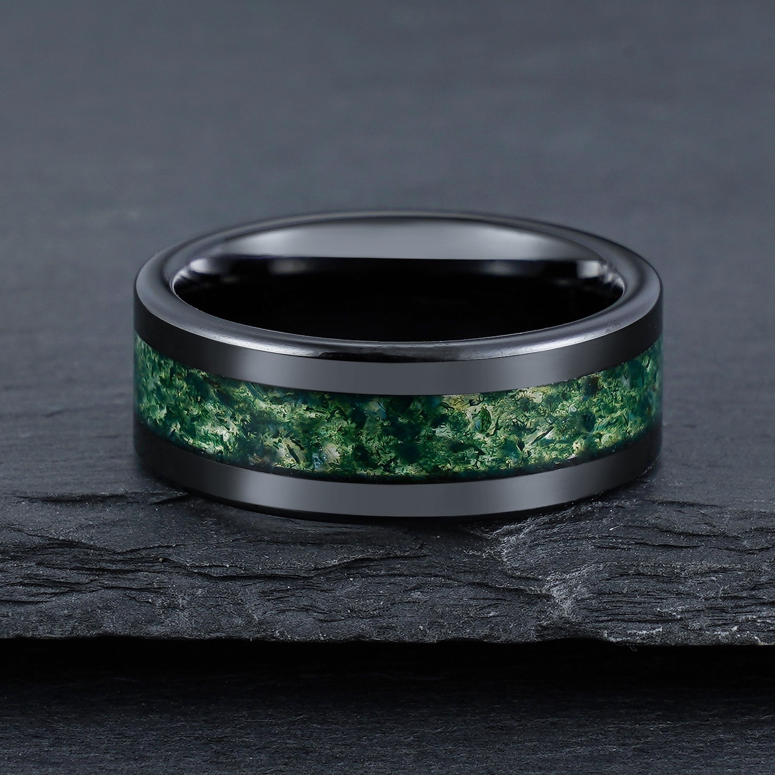 Green Moss Agate Ring, Black Tungsten Ring, Mens Wedding Ring, Womens ...
