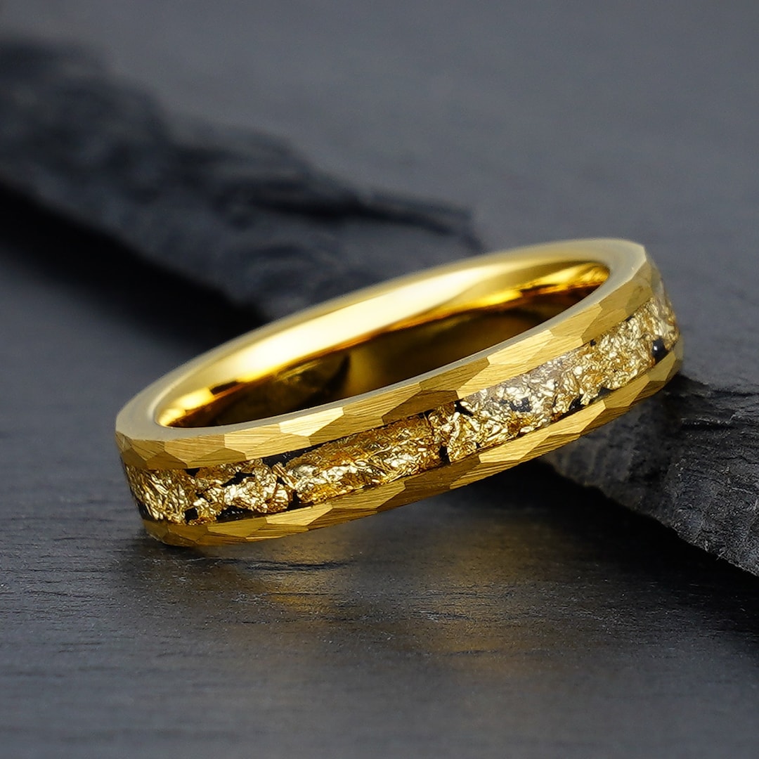 Hammered Crushed Gold Leaf Ring, Gold Tungsten Ring, Womens Ring ...