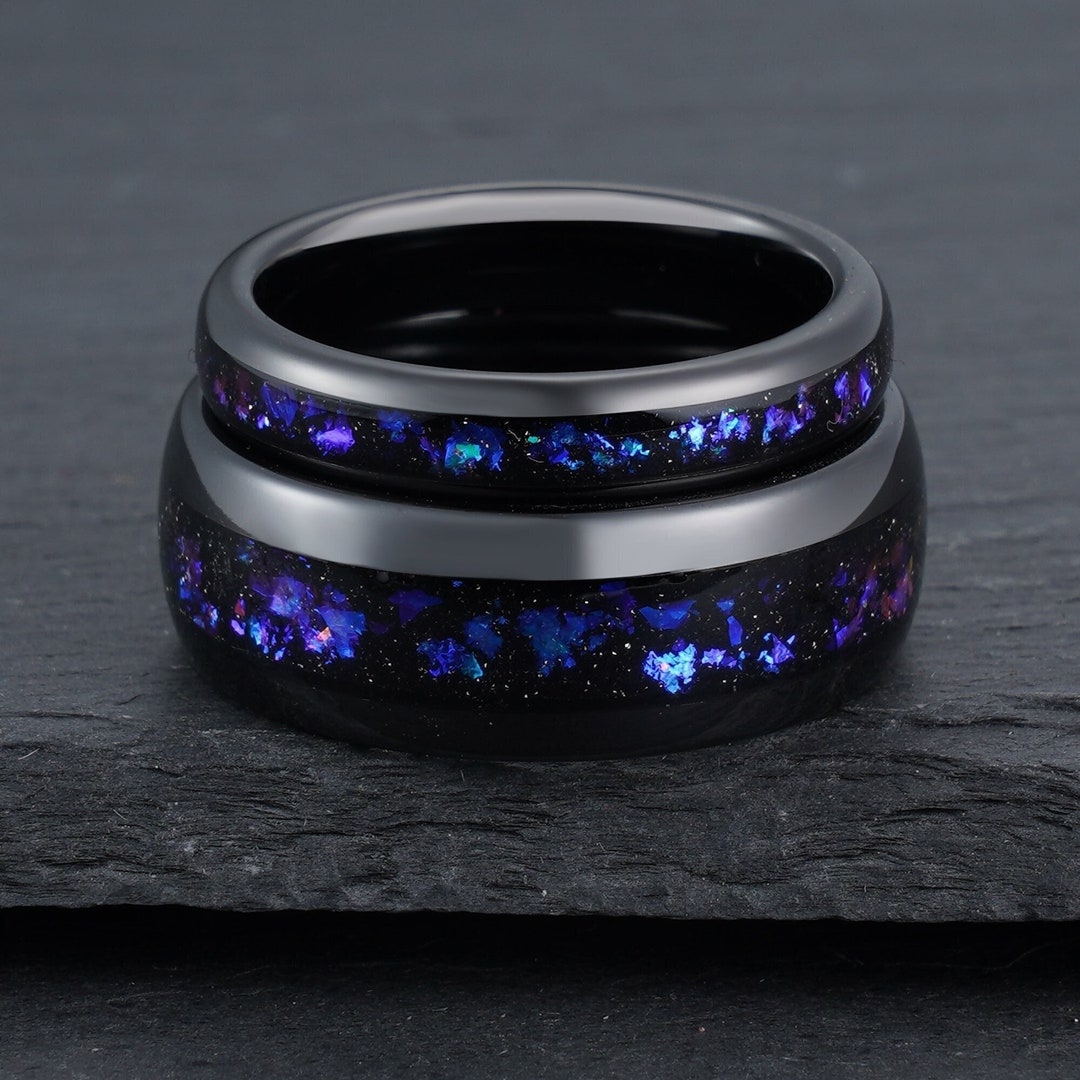 Nebula Ring Set, Black Tungsten Ring, Outer Space Ring, His & Her ...