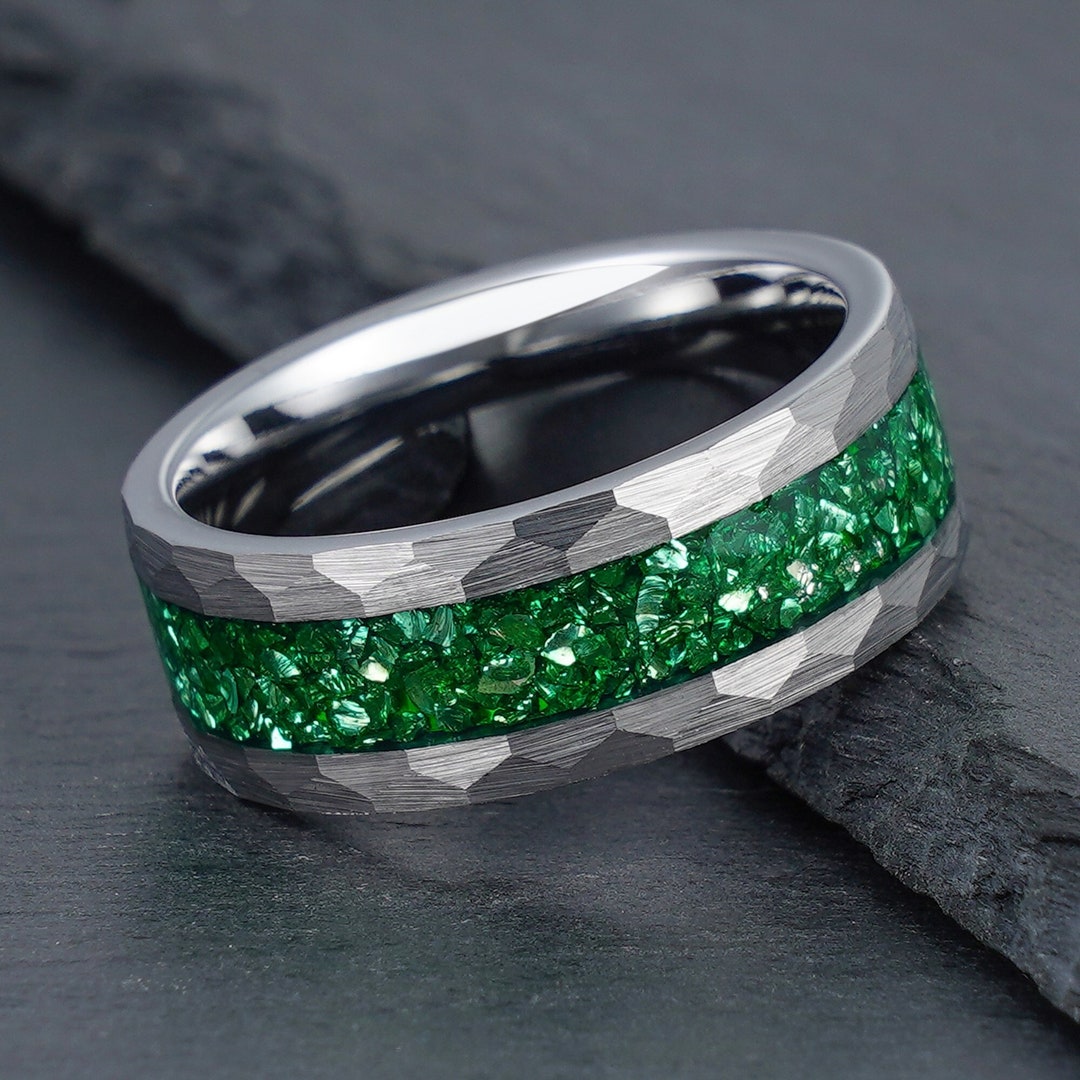 Hammered Emerald Ring, Silver Tungsten Ring, Mens Wedding Ring, Womens ...