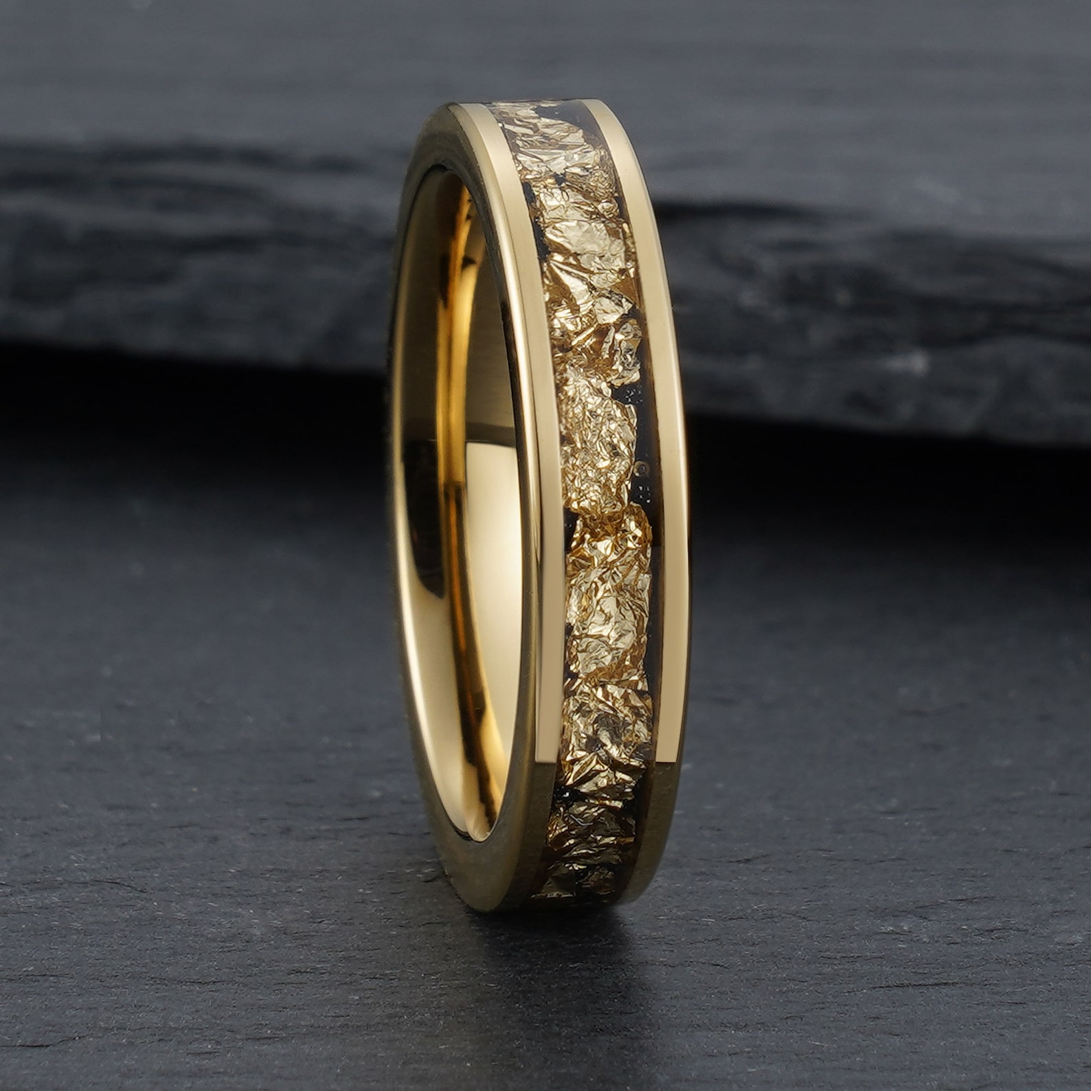 Crushed Gold Leaf Ring, Gold Tungsten Ring, Mens Wedding Band, Womens ...
