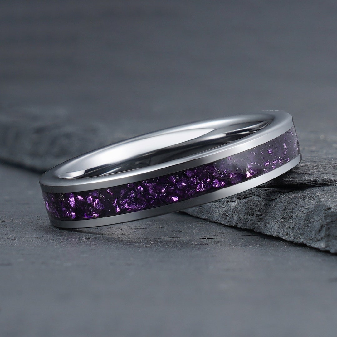 Purple Amethyst Ring, Silver Tungsten Ring, Mens Wedding Ring, Womens ...