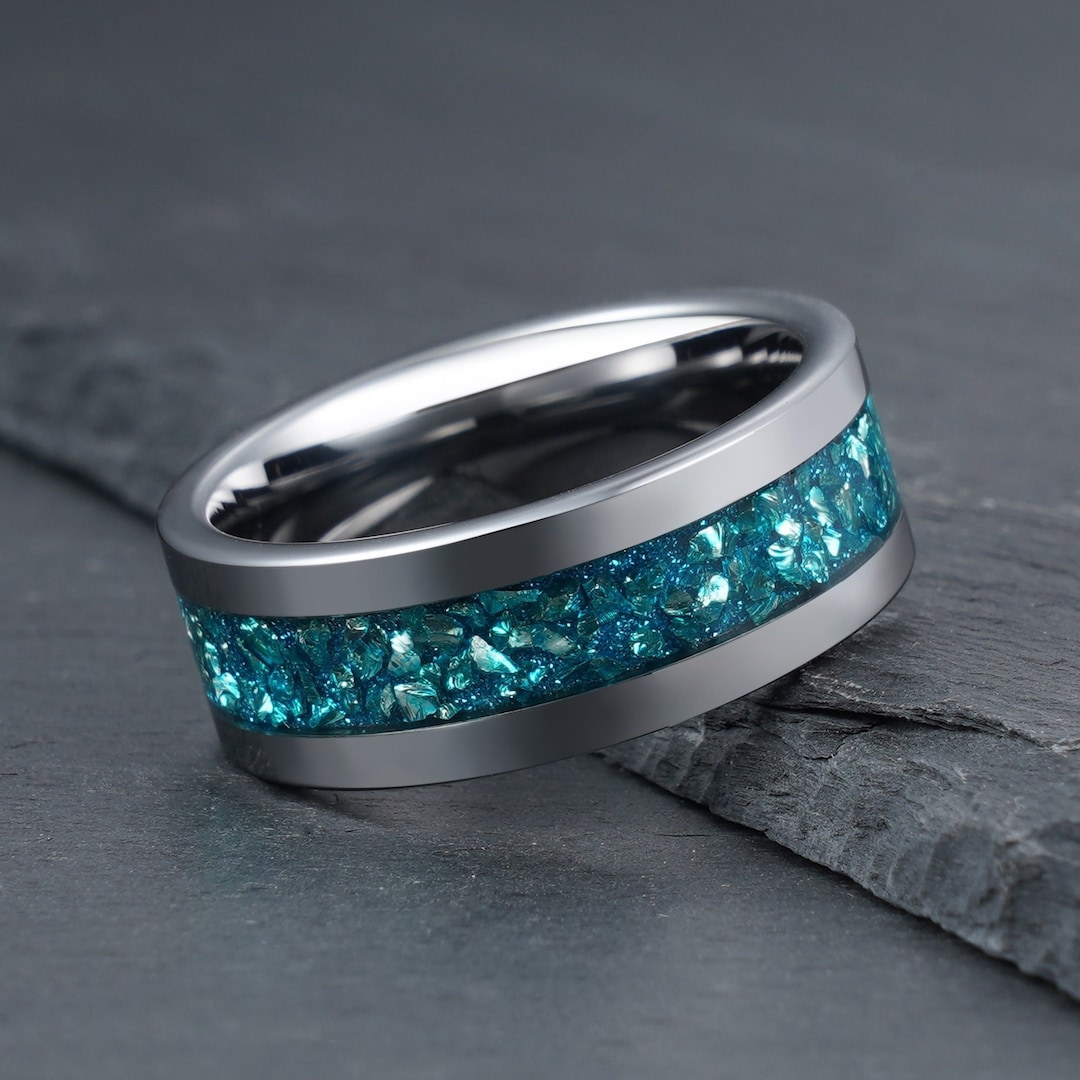 Blue Aquamarine Ring, Silver Tungsten Ring, Mens Wedding Ring, Womens ...