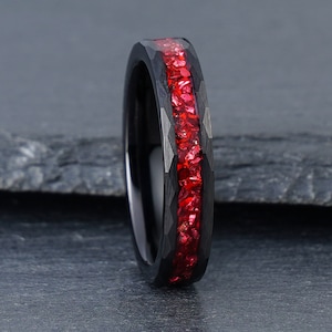 Hammered Ruby Ring, Black Tungsten Ring, Mens Wedding Ring, Womens ...