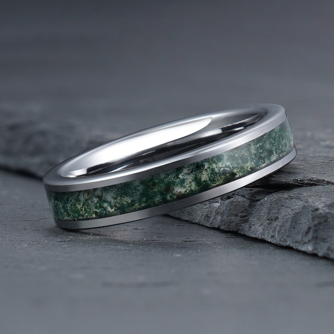 Green Moss Agate Ring, Silver Tungsten Ring, Mens Wedding Ring, Womens ...