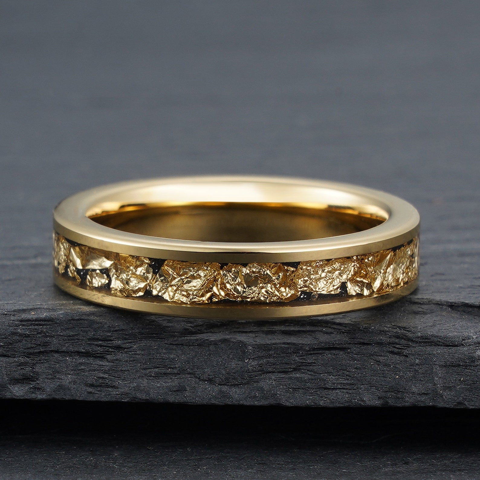 Crushed Gold Leaf Ring, Gold Tungsten Ring, Mens Wedding Band, Womens ...