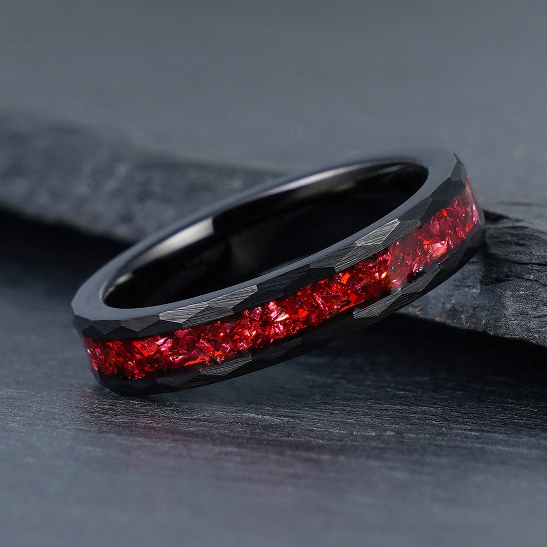 Hammered Ruby Ring, Black Tungsten Ring, Mens Wedding Ring, Womens ...