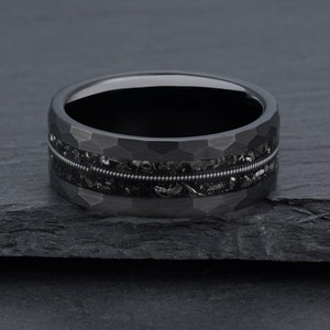 Hammered Meteorite & Guitar String Ring, Black Tungsten Ring, Hammered ...
